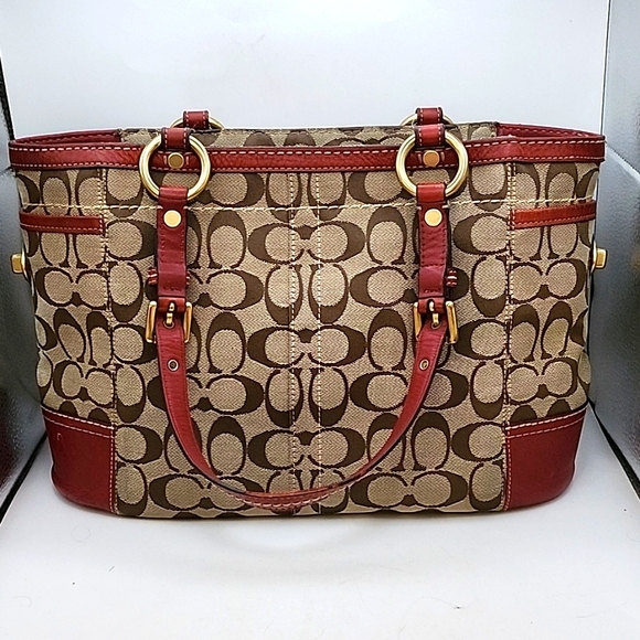 Coach | Bags | Coach Signature Gallery Tote W Red Leather Trim Handles ...